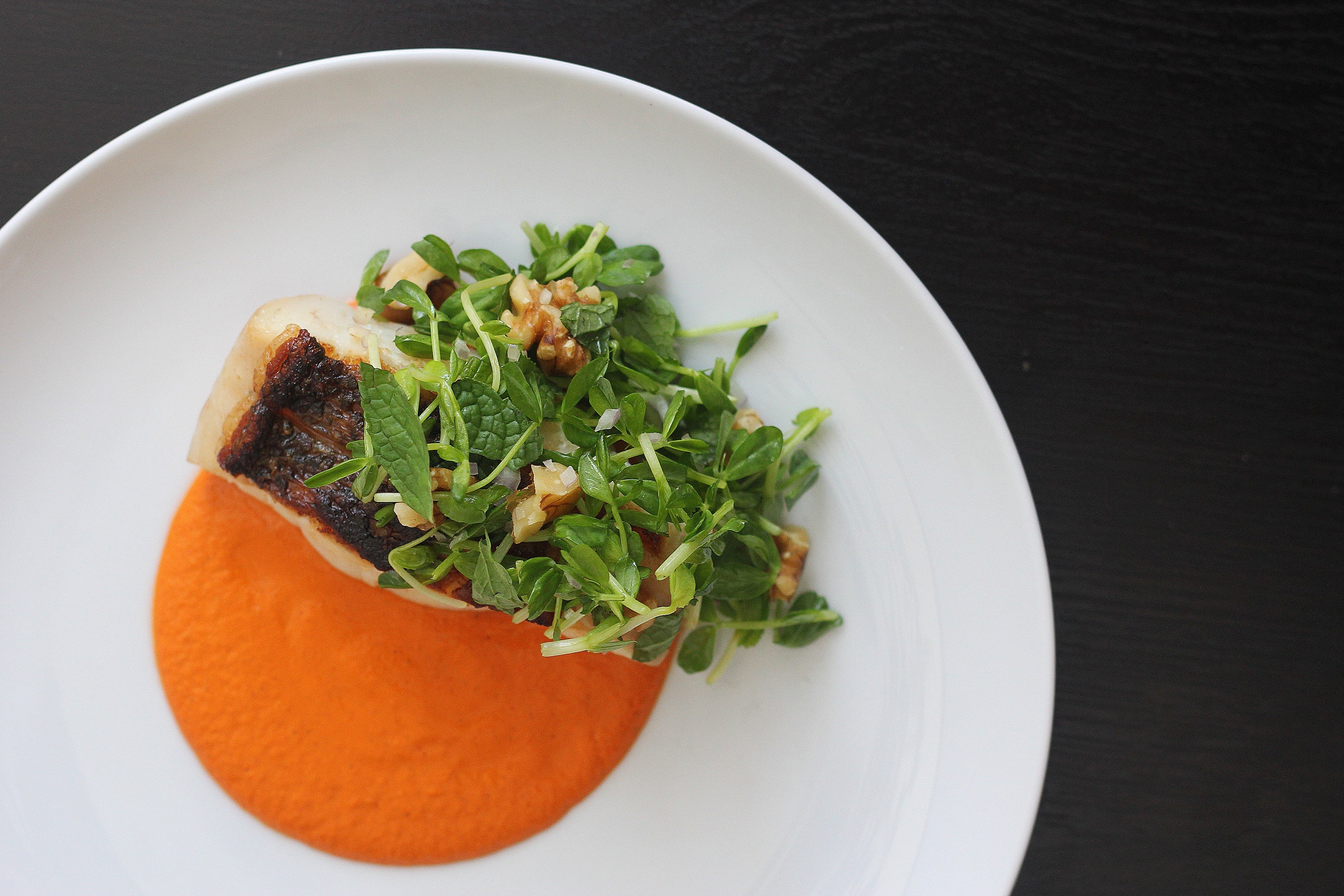 Crispy Pan Seared White Fish with Walnut Romesco and Pea Shoot Salad ...