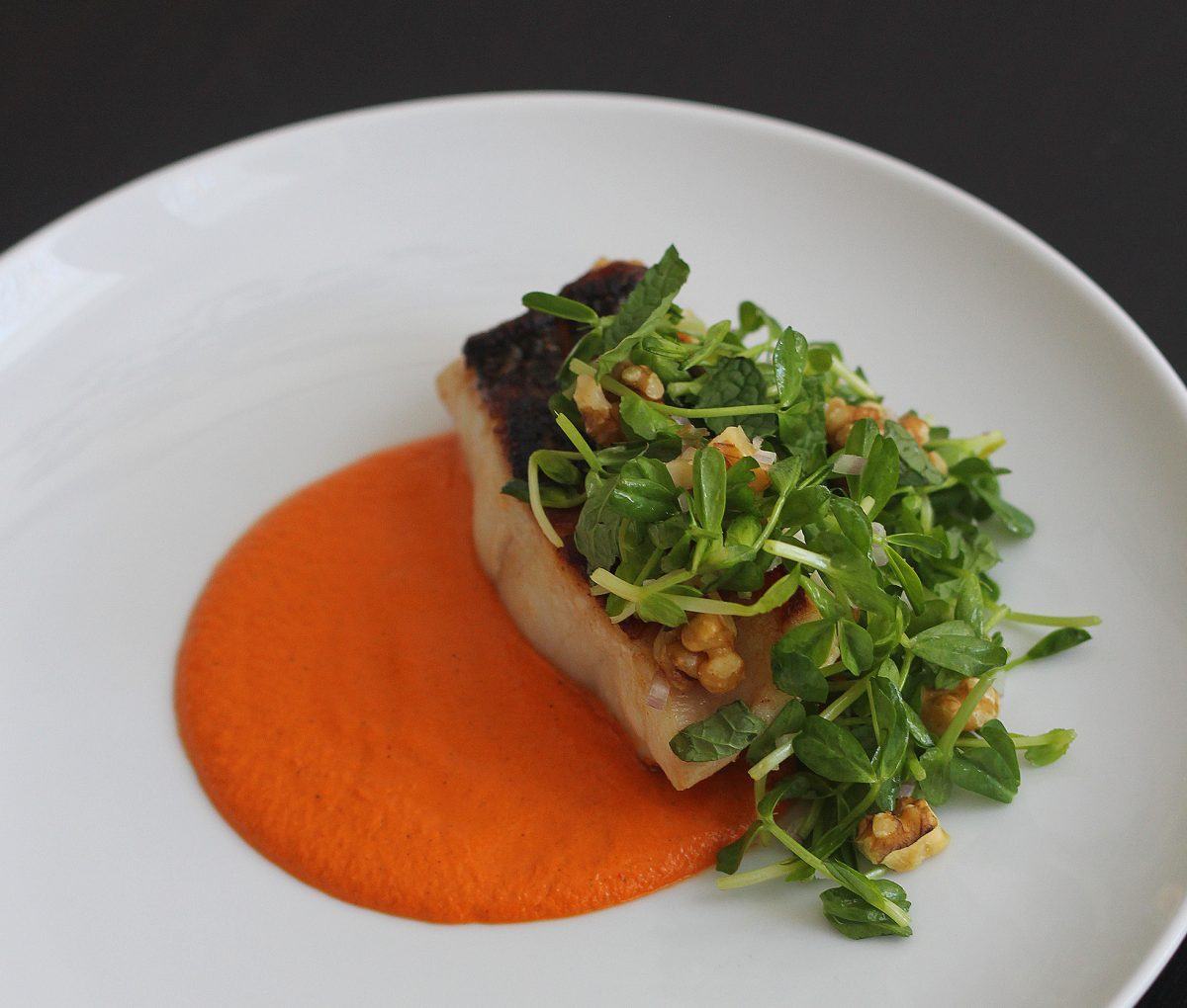 Crispy Pan Seared White Fish with Walnut Romesco and Pea Shoot Salad ...